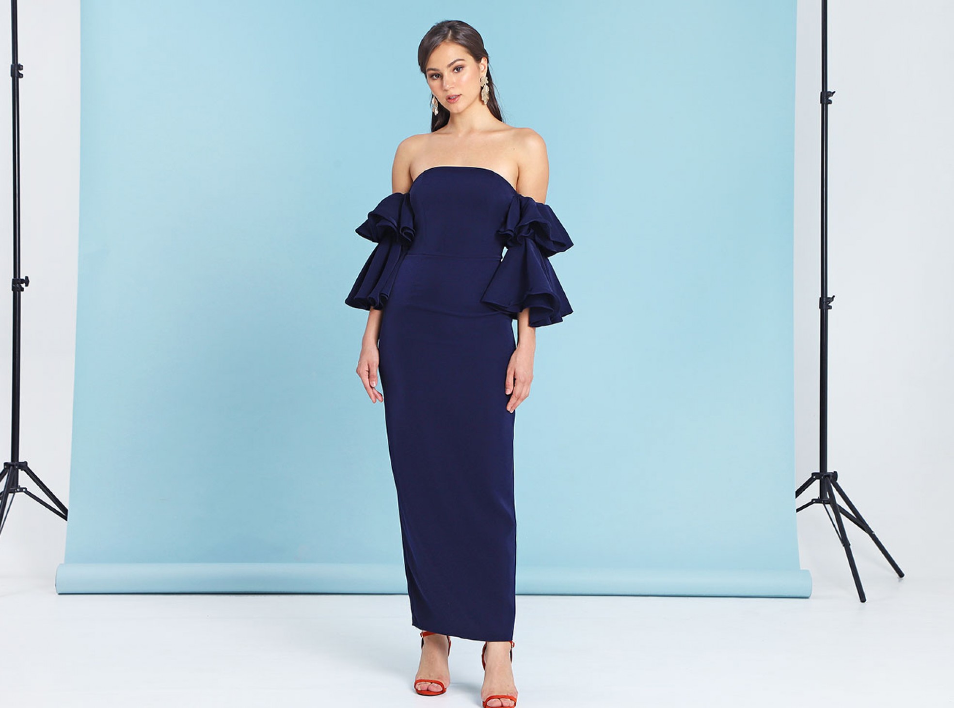 EXAGGERATED FRILL SLEEVE MAXI DRESS IN NAVY | MAISION.COM : Fashion ...