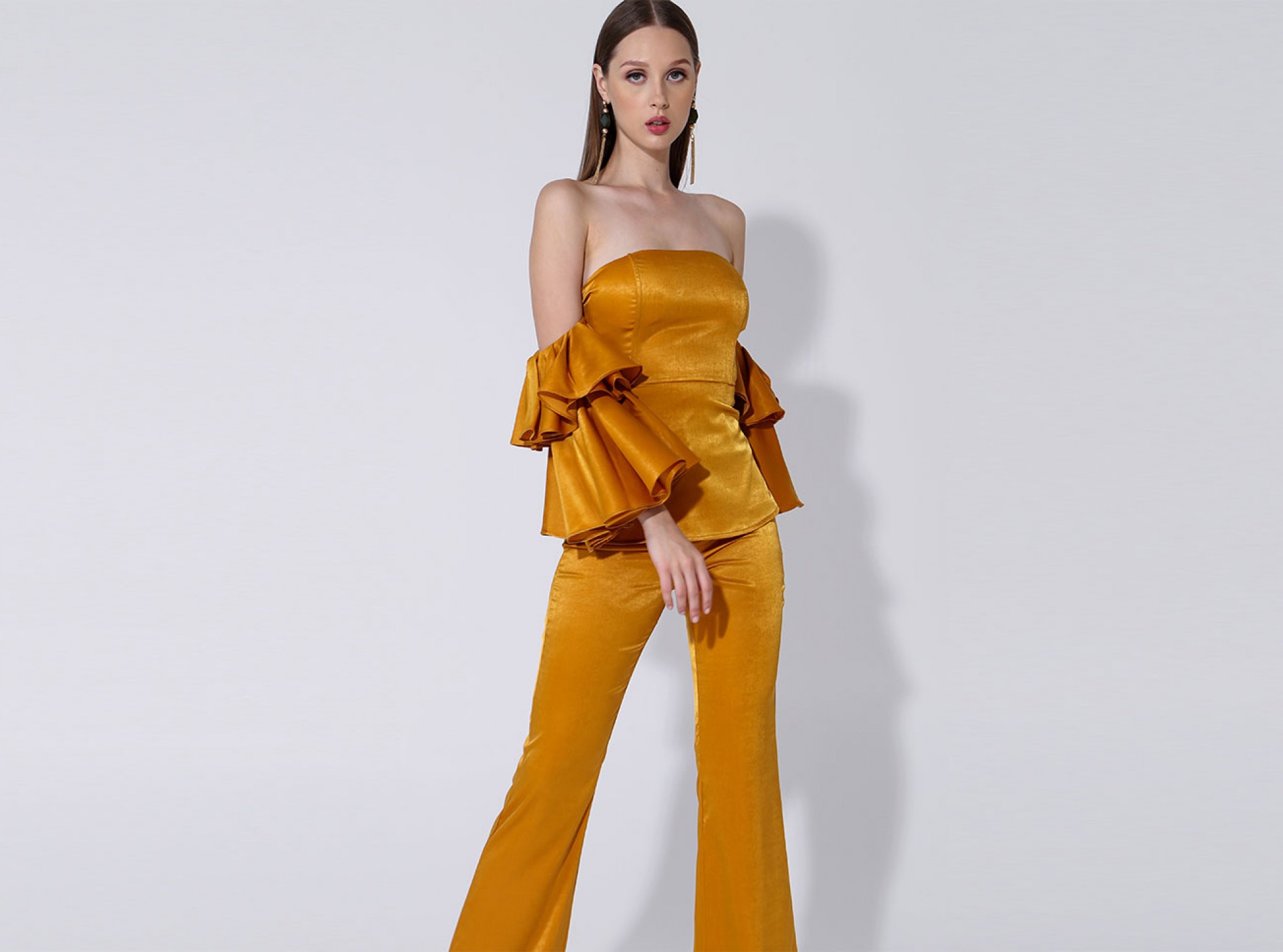 bandeau top with ruffle sleeve in gold | MAISION.COM : Fashion Online ...