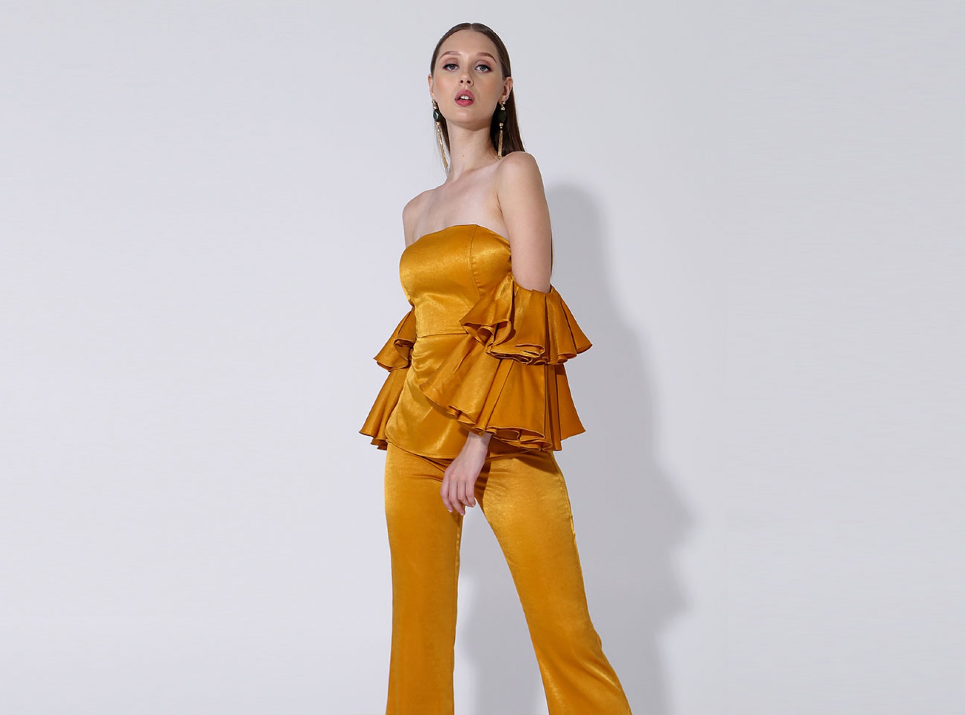 bandeau top with ruffle sleeve in gold | MAISION.COM : Fashion Online ...